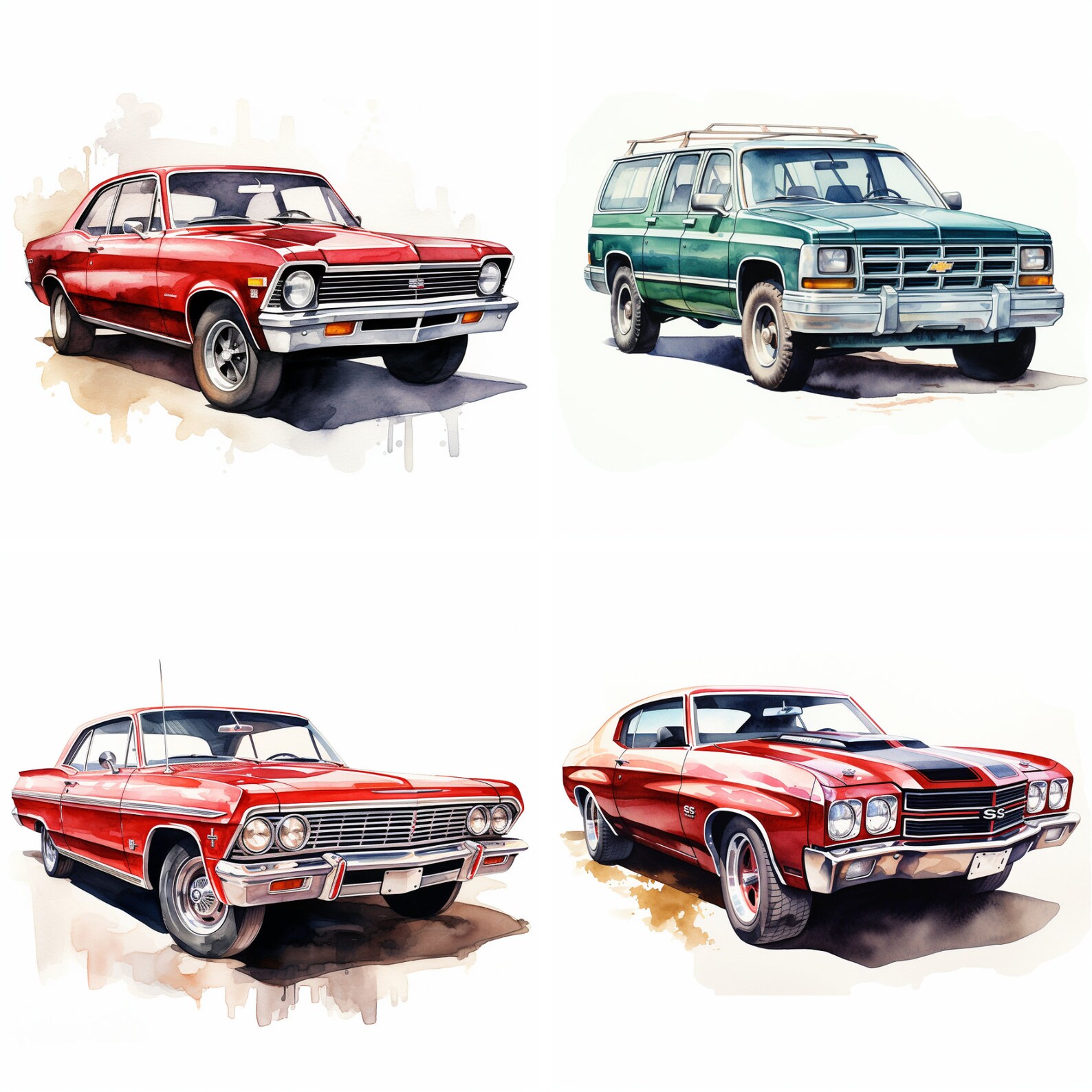 30 American Classic Cars of the 20th Century Watercolor Clipart PNG ...