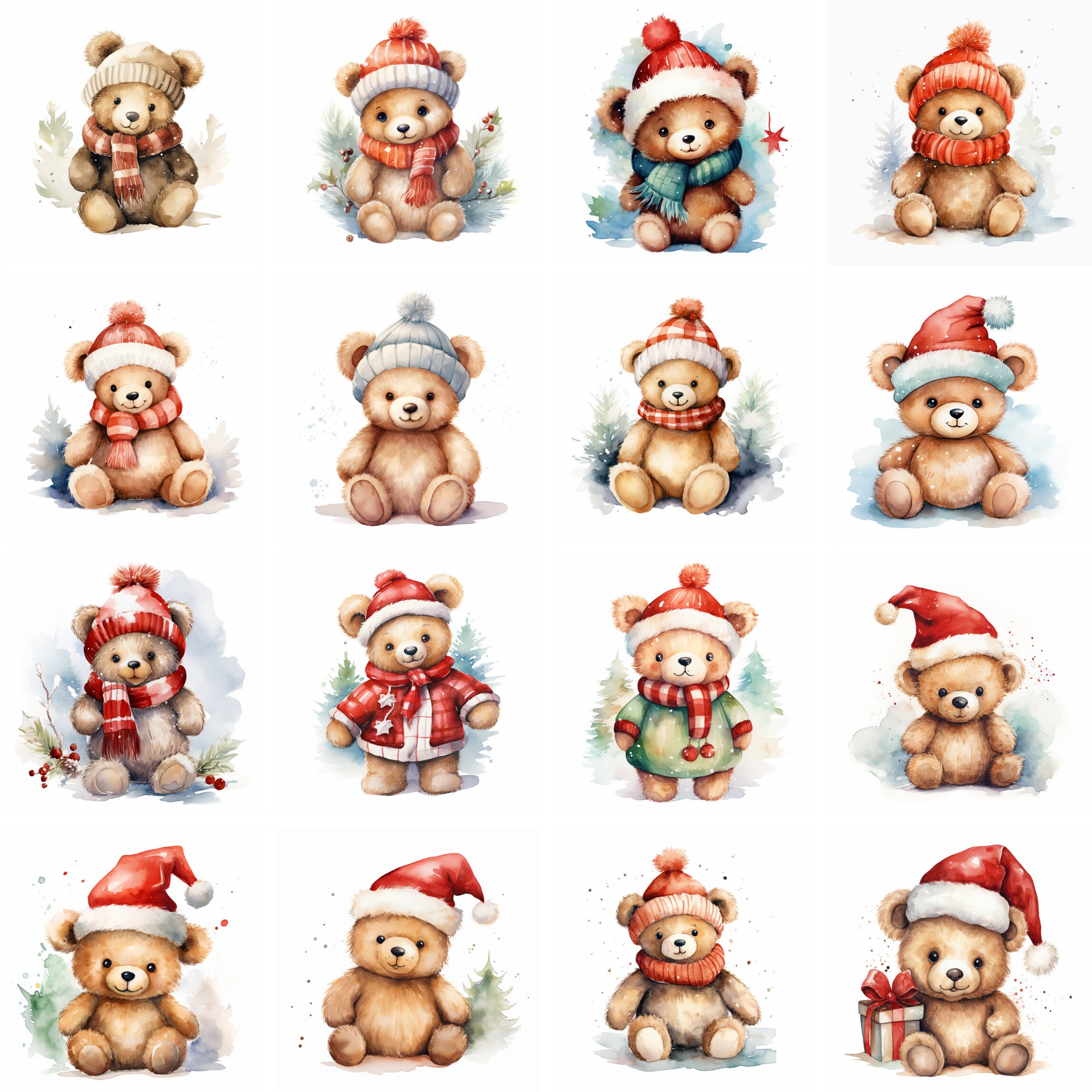 20 Teddy Bears Watercolor Christmas PNG Clipart Bundle, Cute Teddy ...