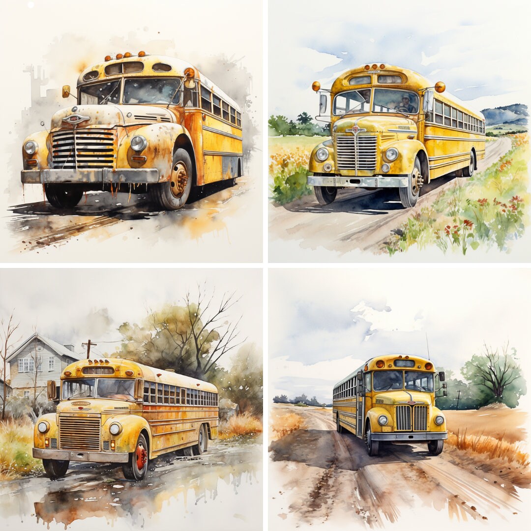 20 School Bus Watercolor Clipart PNG Images, Vintage School Bus, Retro ...