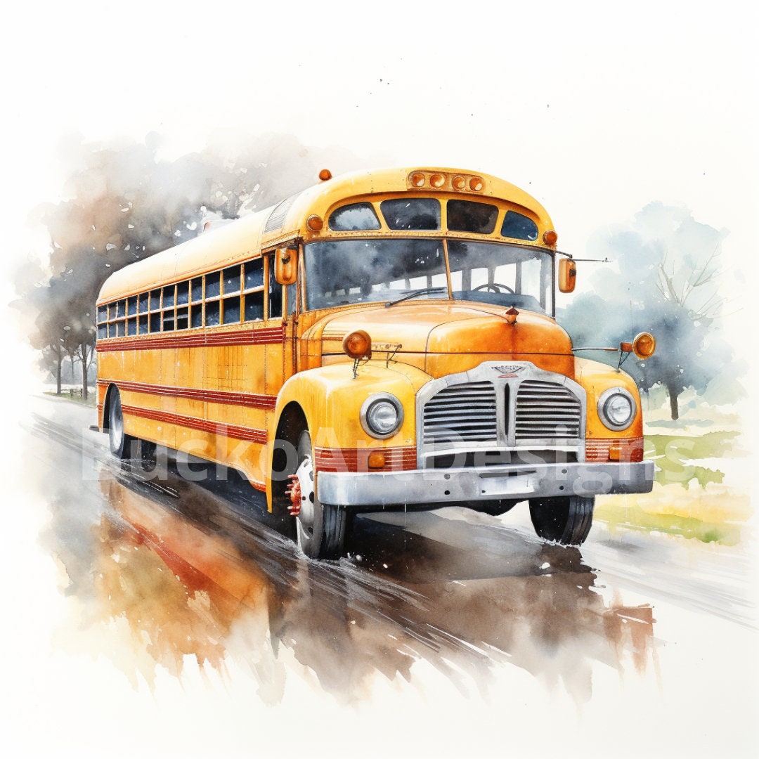 20 School Bus Watercolor Clipart PNG Images, Vintage School Bus, Retro ...