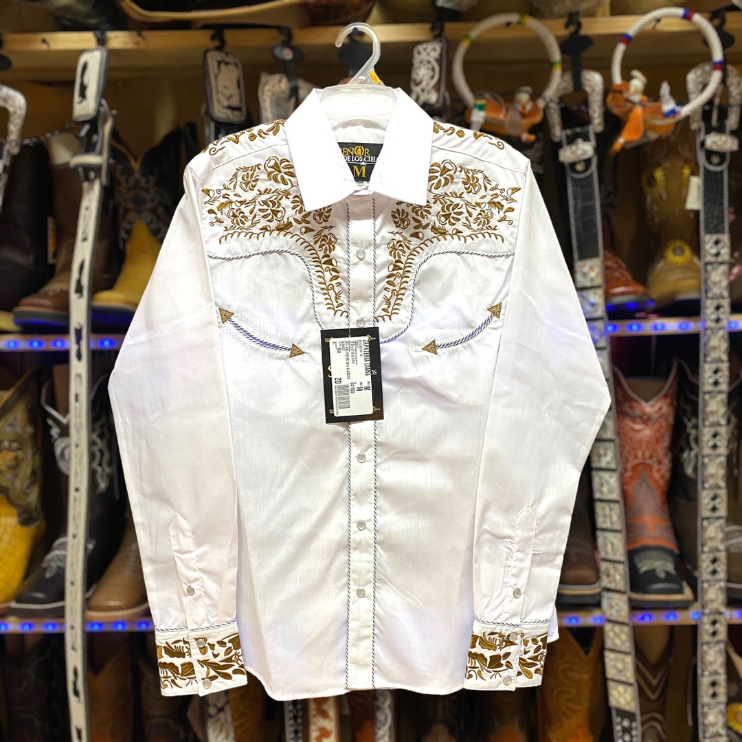 Mens White With Gold Embroidered Cowboy Shirt. Mens Western Cowboy ...