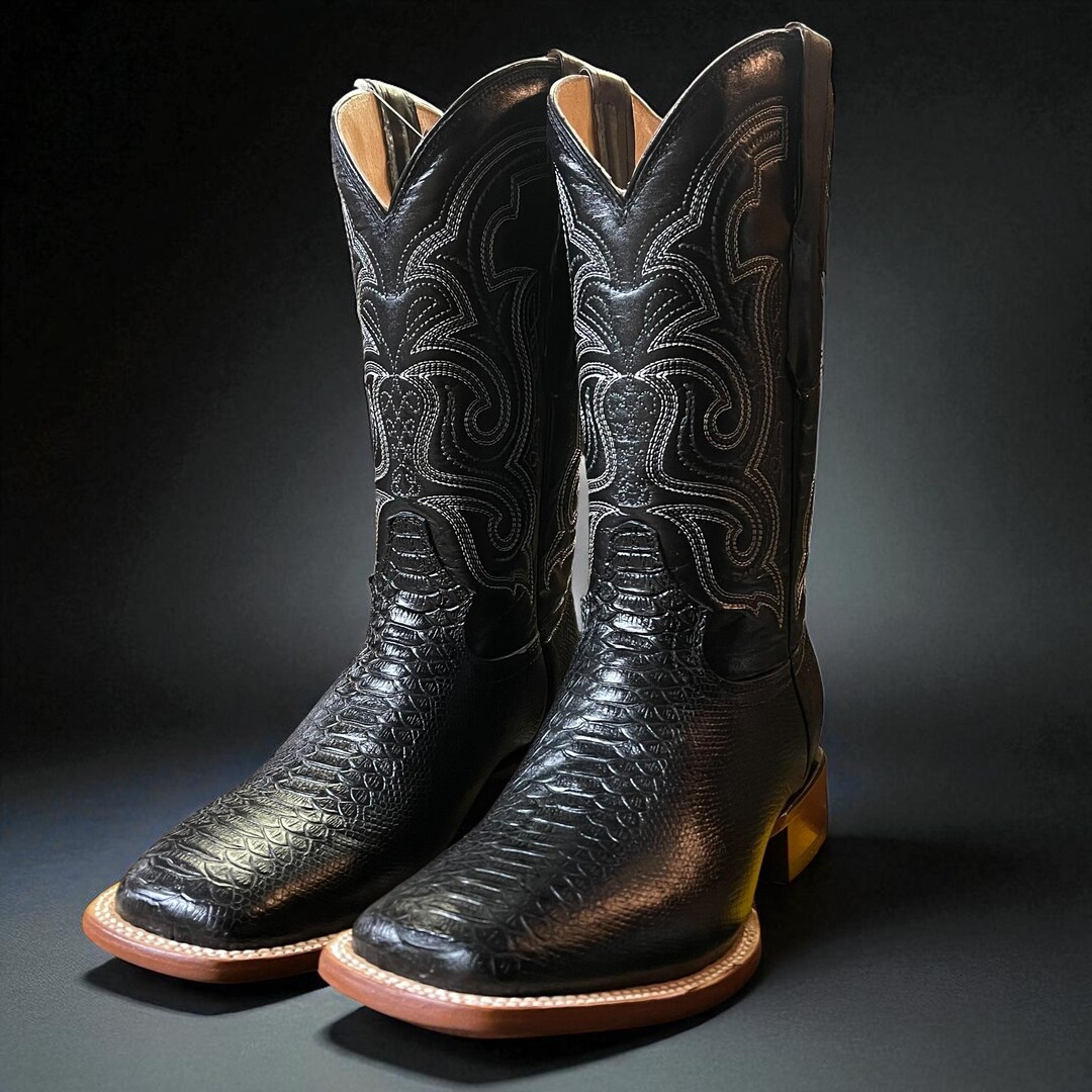 BLACK PYTHON SNAKE Skin Boots. Men’s Western Cowboy Boots. Square Toe ...