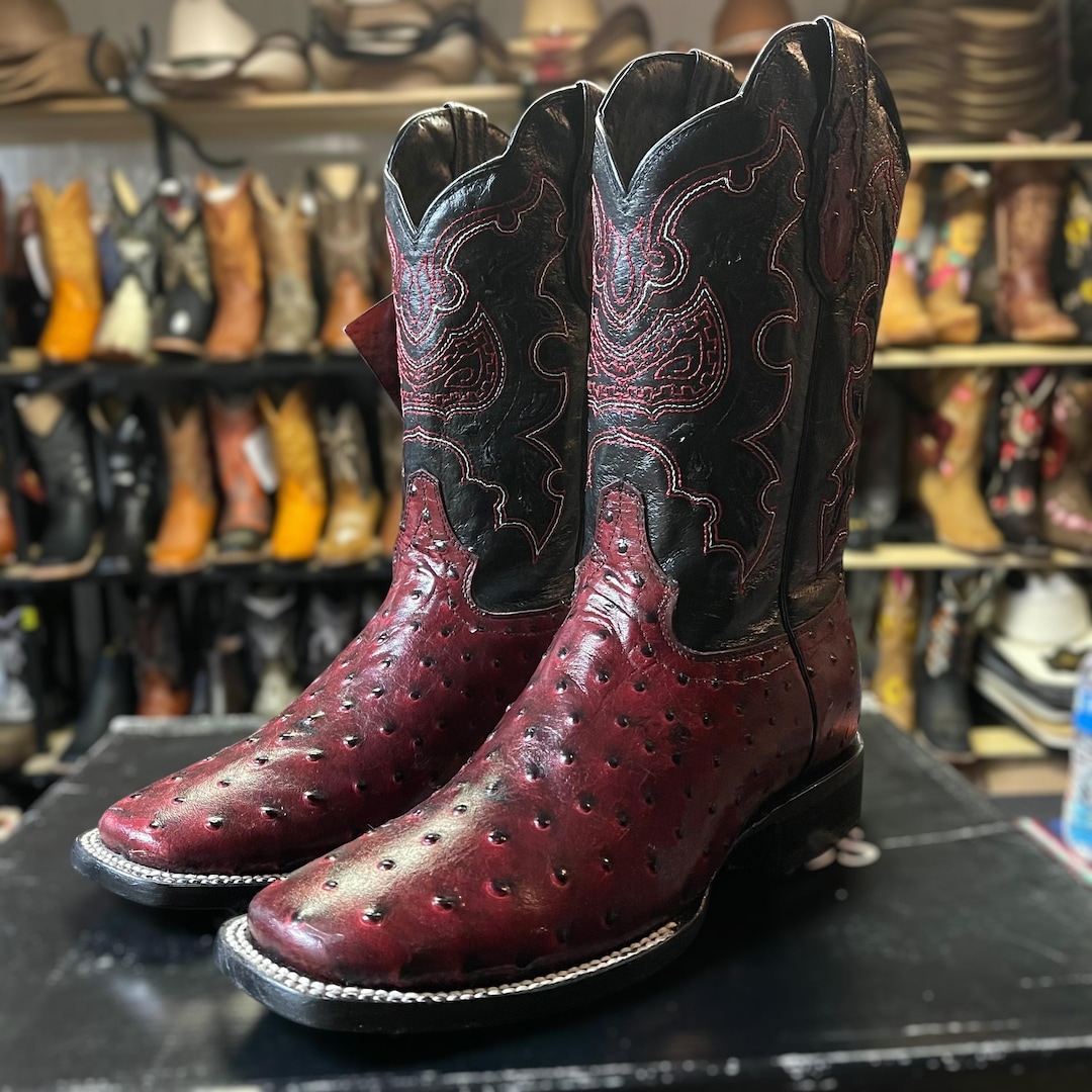 Men’s Cherry Red Ostrich Skin Boots. Men’s Western Cowboy Boots. Square ...