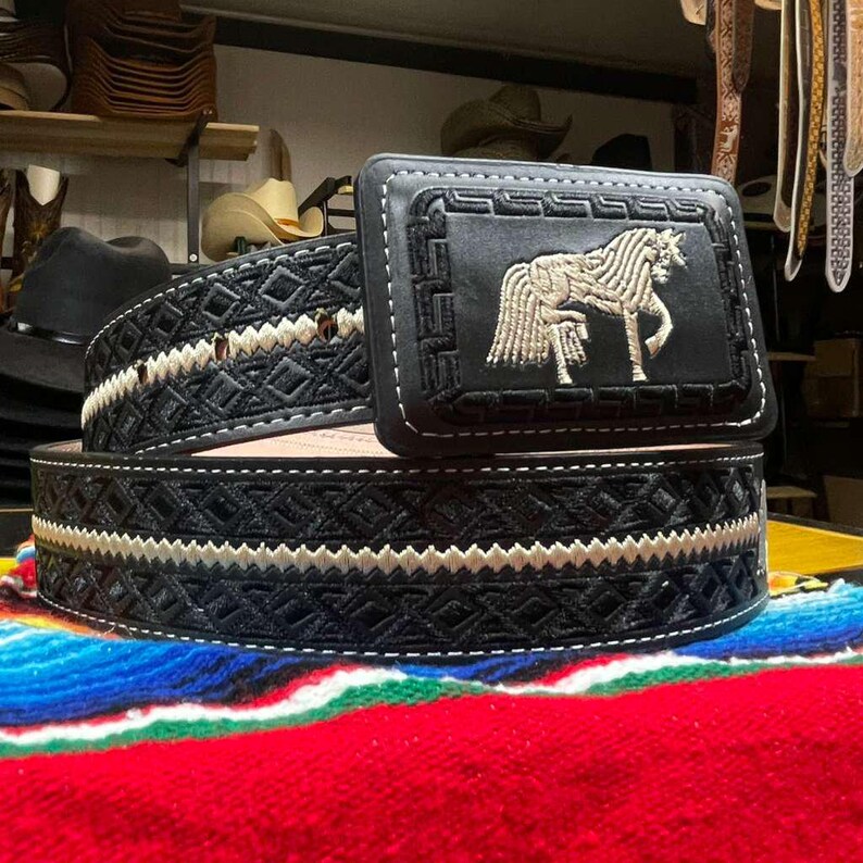 Black Horse Design Cowboy Belt for Men. Mexican Embroidered 1.5-inch ...
