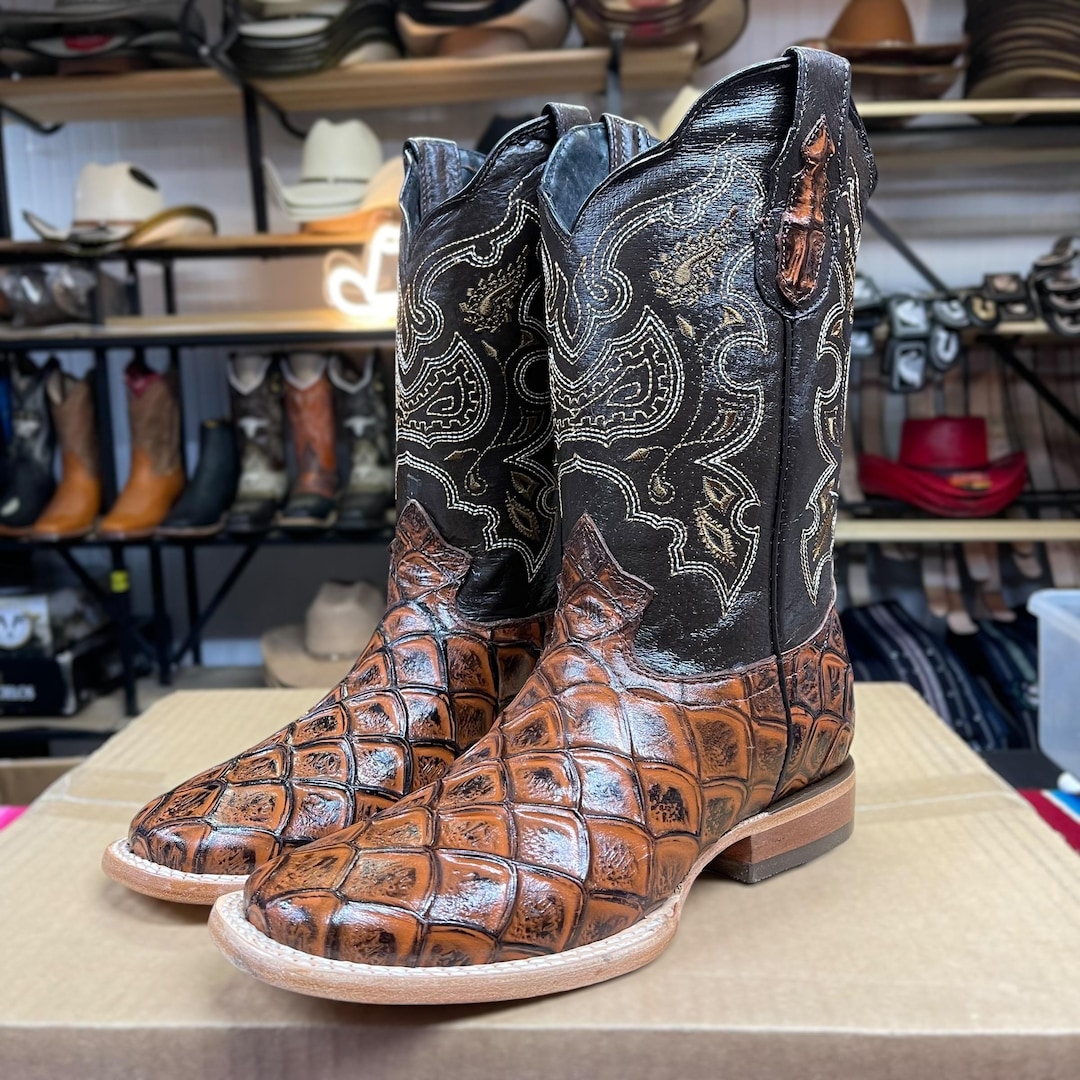Fish Skin Leather Cowboy Boots. Men’s Western Cowboy Boots. Square Toe ...