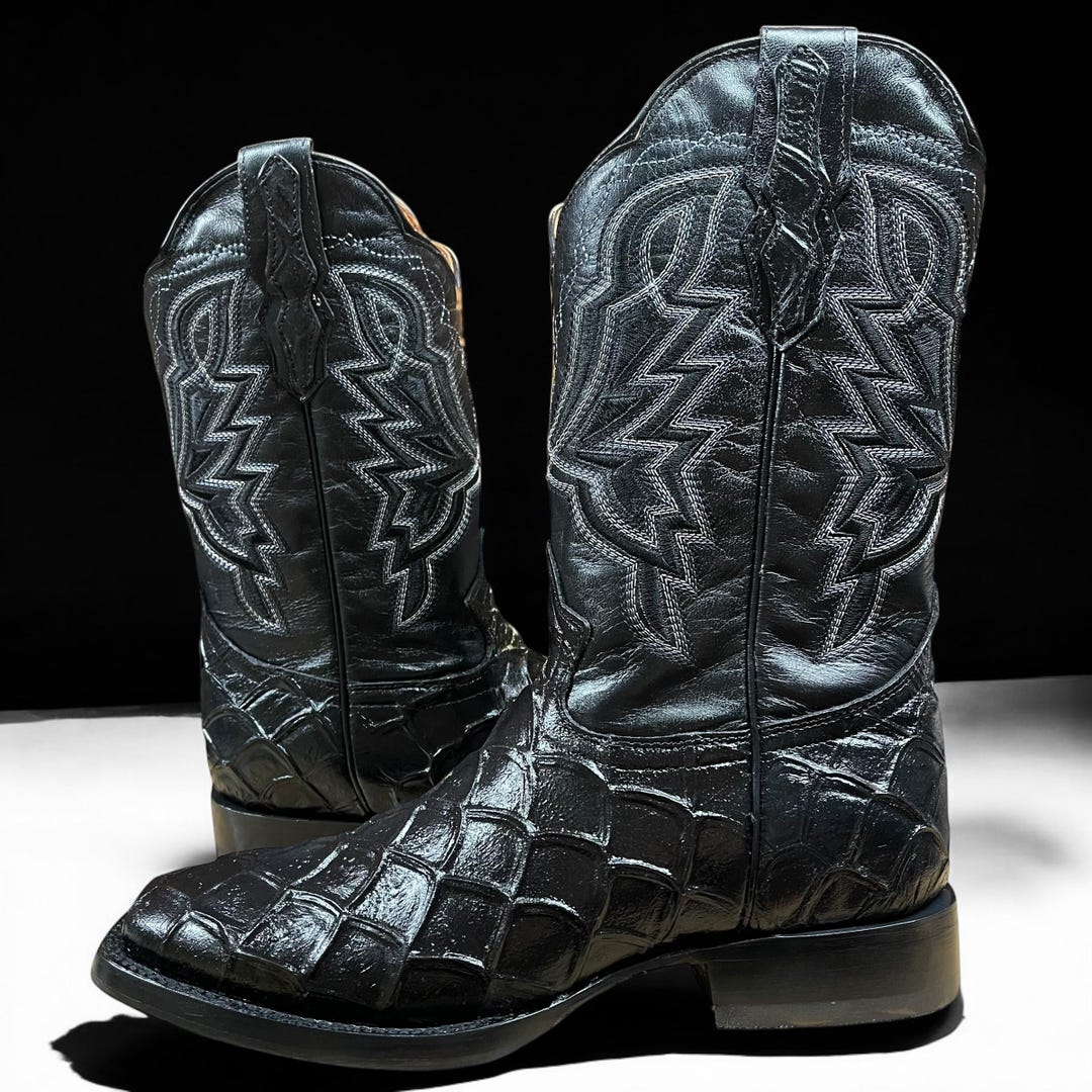Piracucu Fish Skin Cowboy Boots. Men’s Square Toe Western Boots. Black ...
