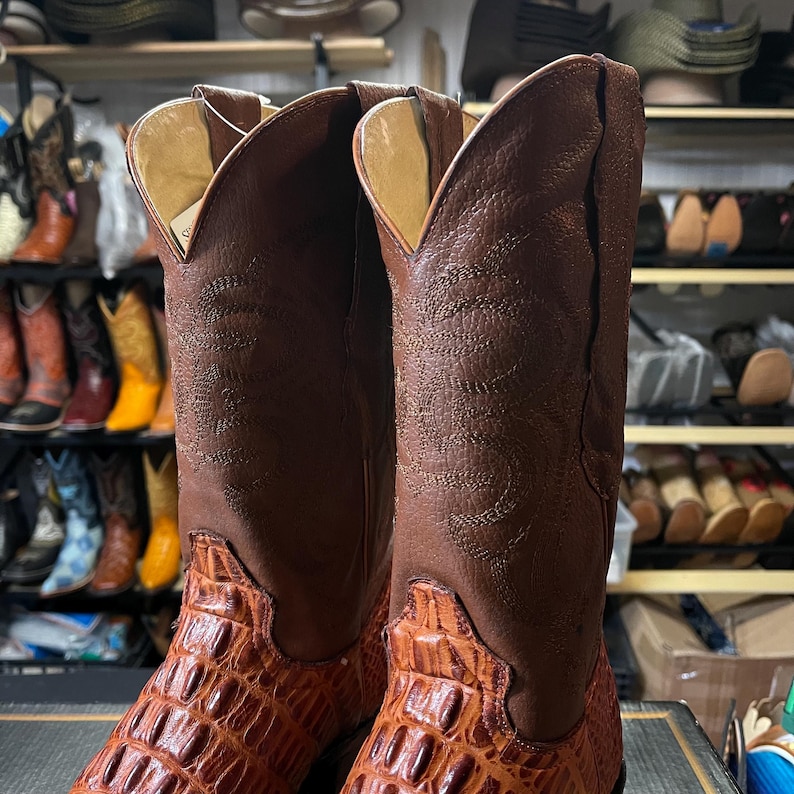 Men’s Alligator Skin Cowboy Boots. Brown Leather Cowhide Boots. Round ...