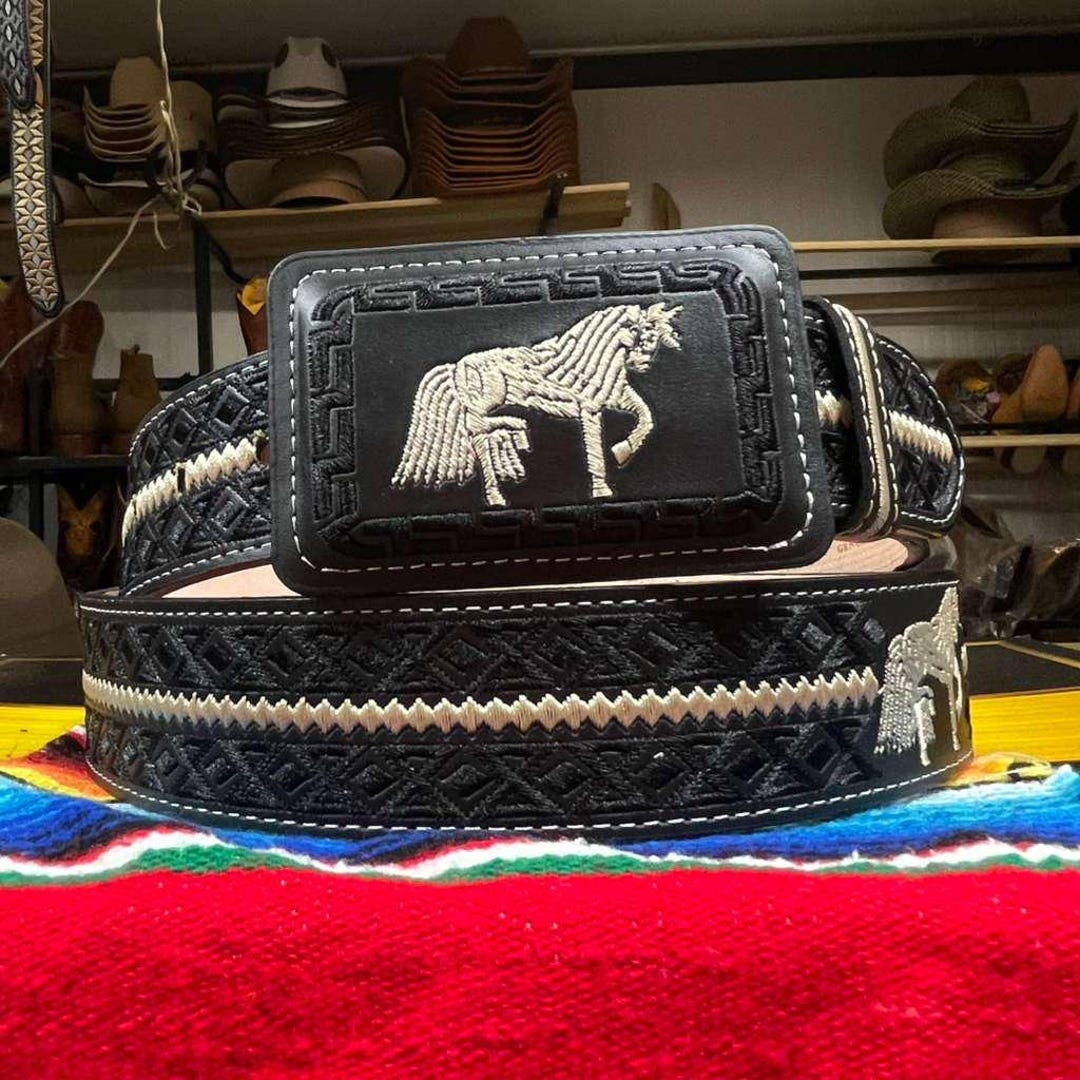 Black Horse Design Cowboy Belt for Men. Mexican Embroidered 1.5-inch ...