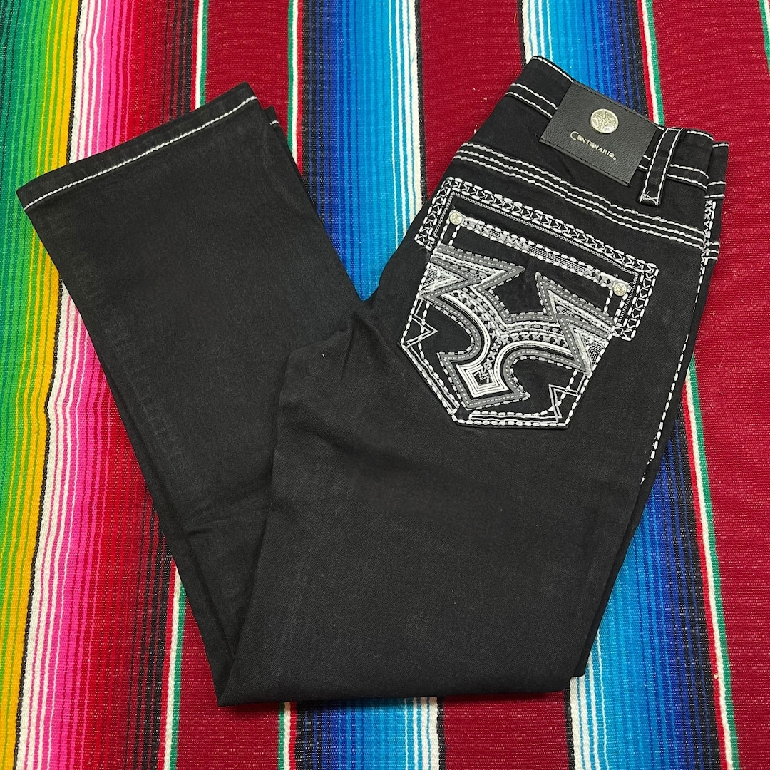Men’s Black Bootcut Jeans. White Embroidered Black Denim Jeans. Cowboy ...