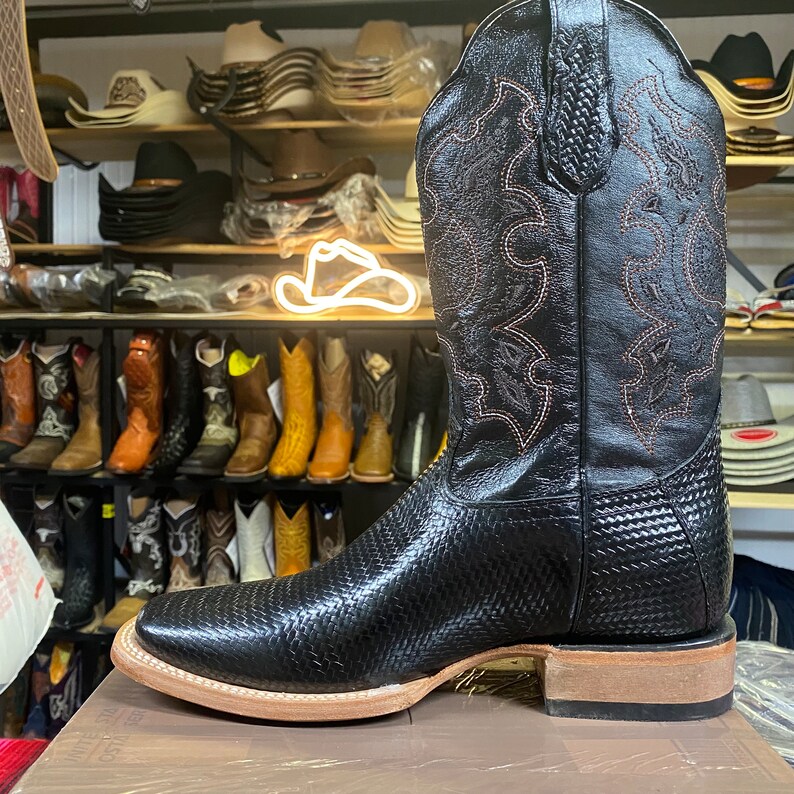 Black Armadillo Leather Boots. Mens Cowboy Western Boots. Square Toe Calf Length Boots. Bota ...