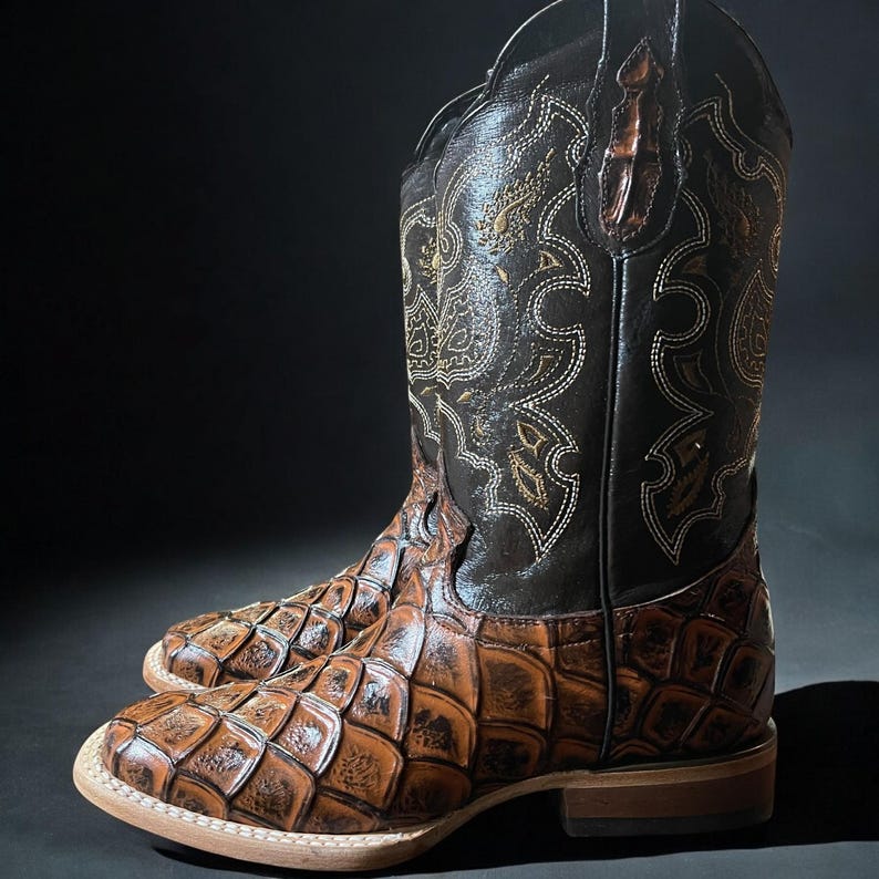 Piracucu Fish Skin Cowboy Boots. Men’s Brown Leather Boots. Western ...