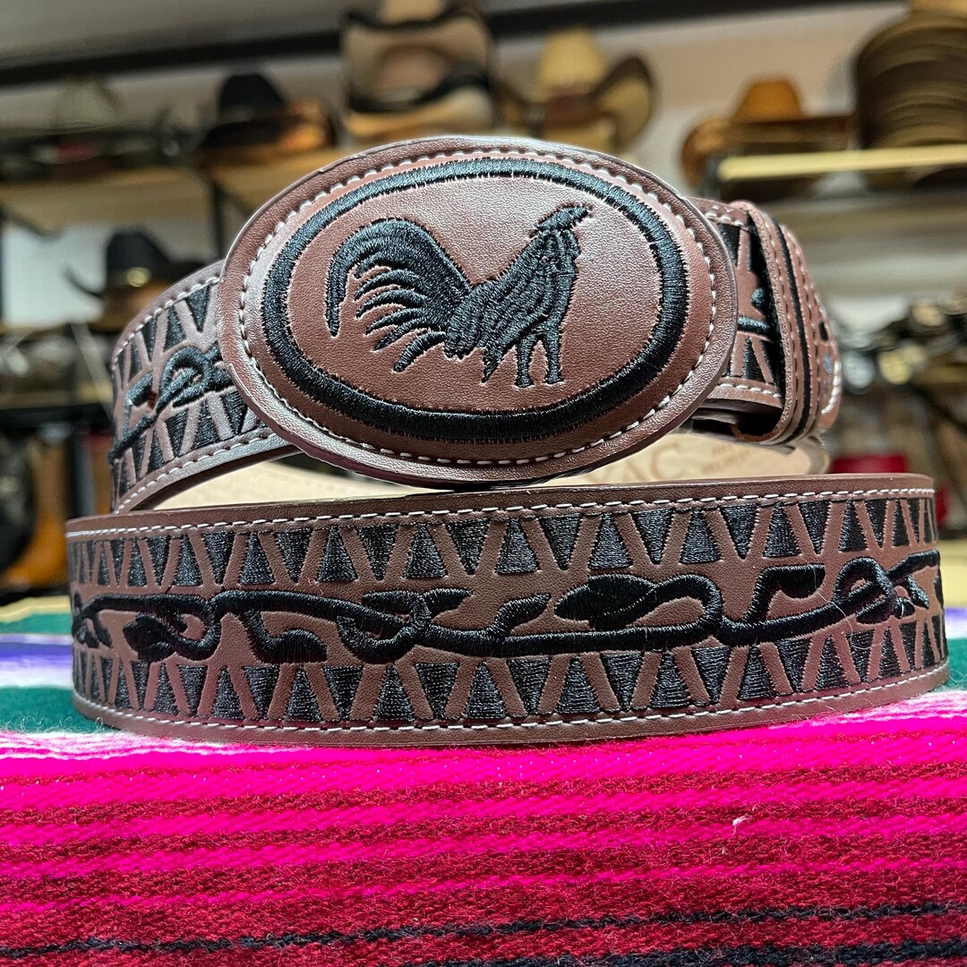Rooster Mexican Embroidered Belt. Brown Leather Belt. 1.5” Inch Wide ...