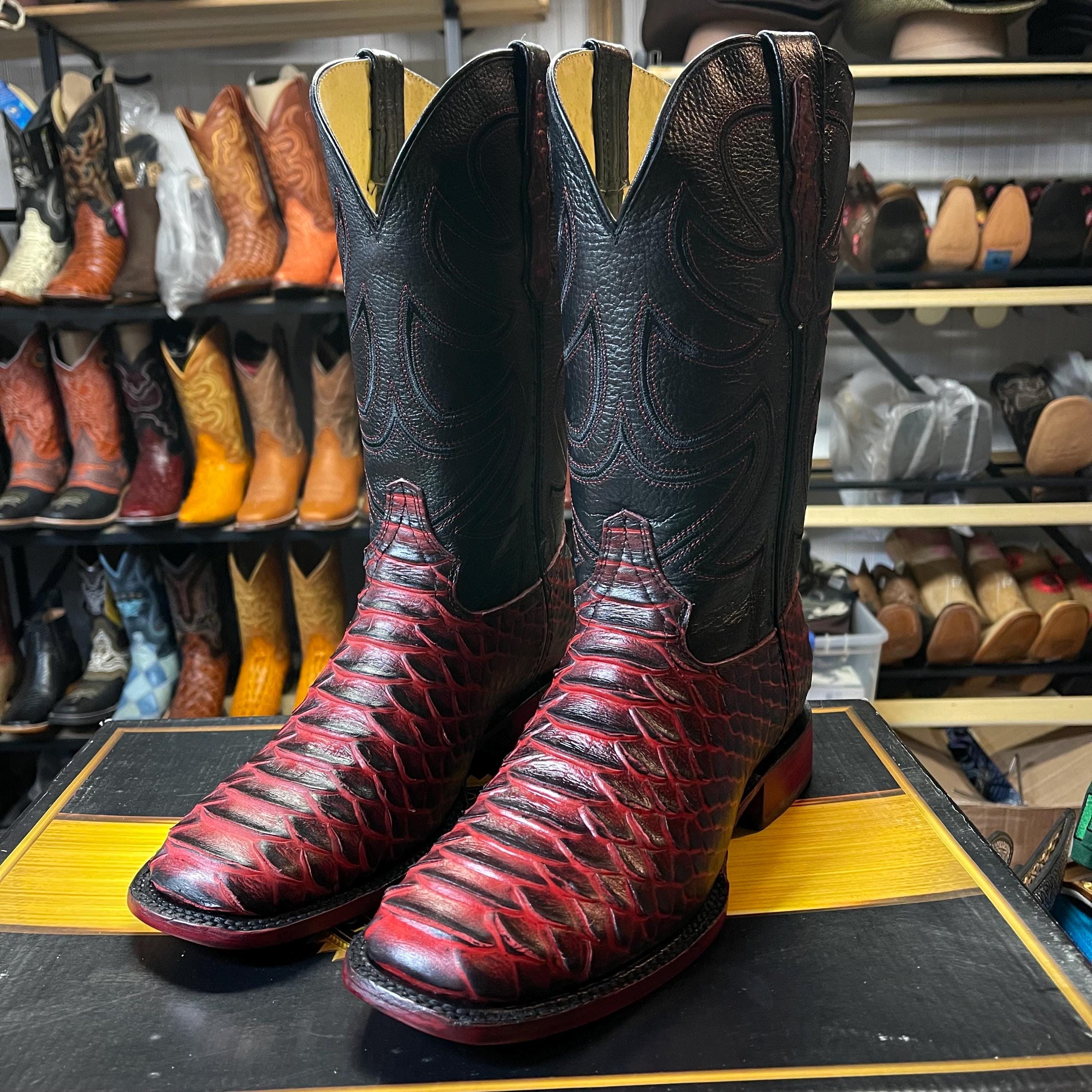 RED PYTHON SNAKE Skin Boots. Men’s Square Toe Cowboy Boots. Black ...