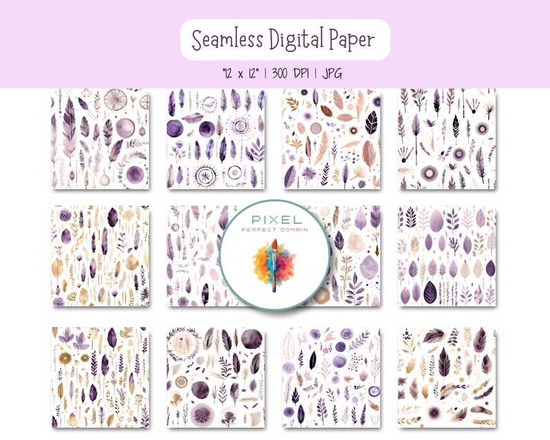 12 Purple Boho Digital Papers, Seamless Pattens, Boho Scrapbook Paper ...