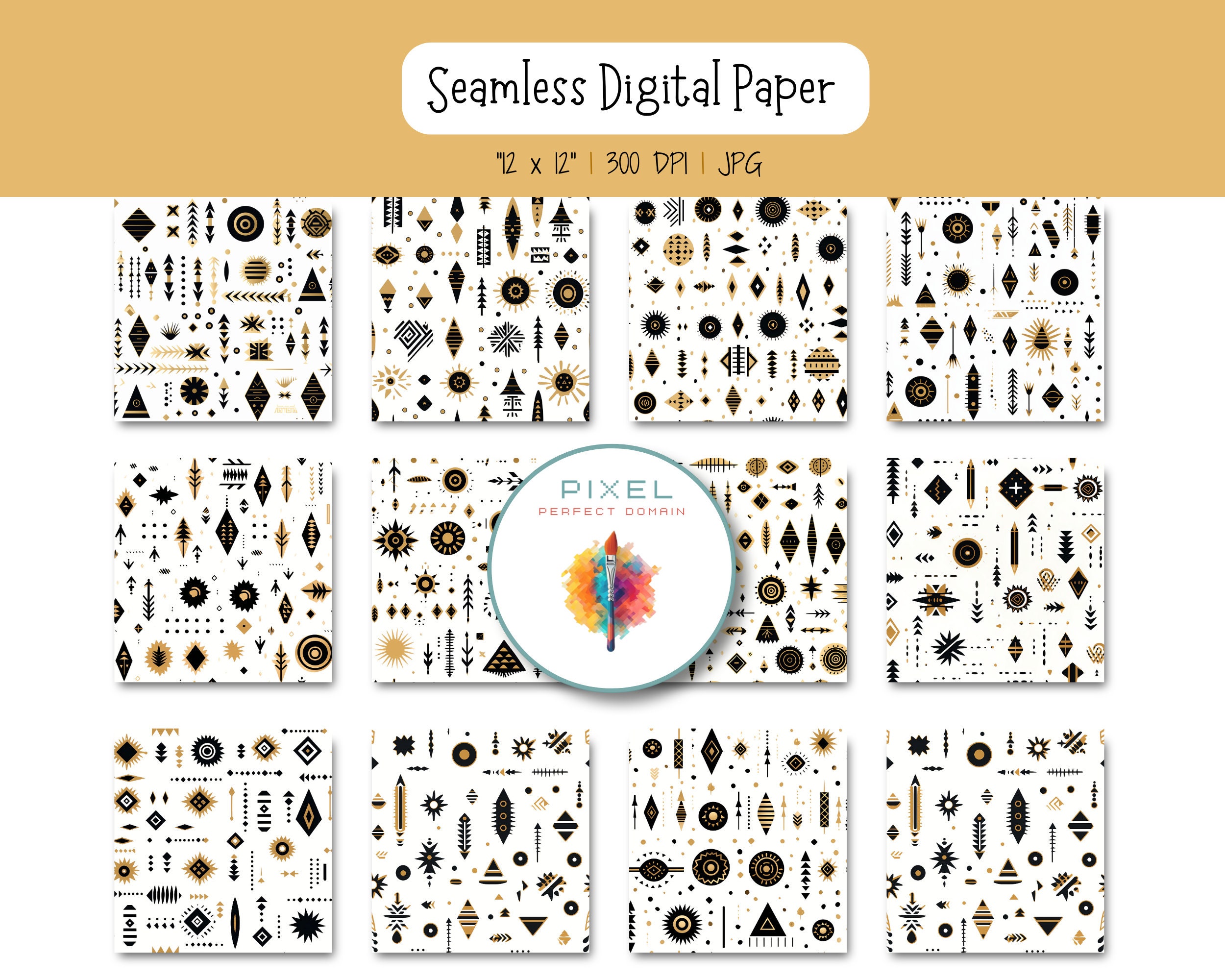 12 Aztec Digital Papers, Black and Gold Seamless Pattern, Aztec ...