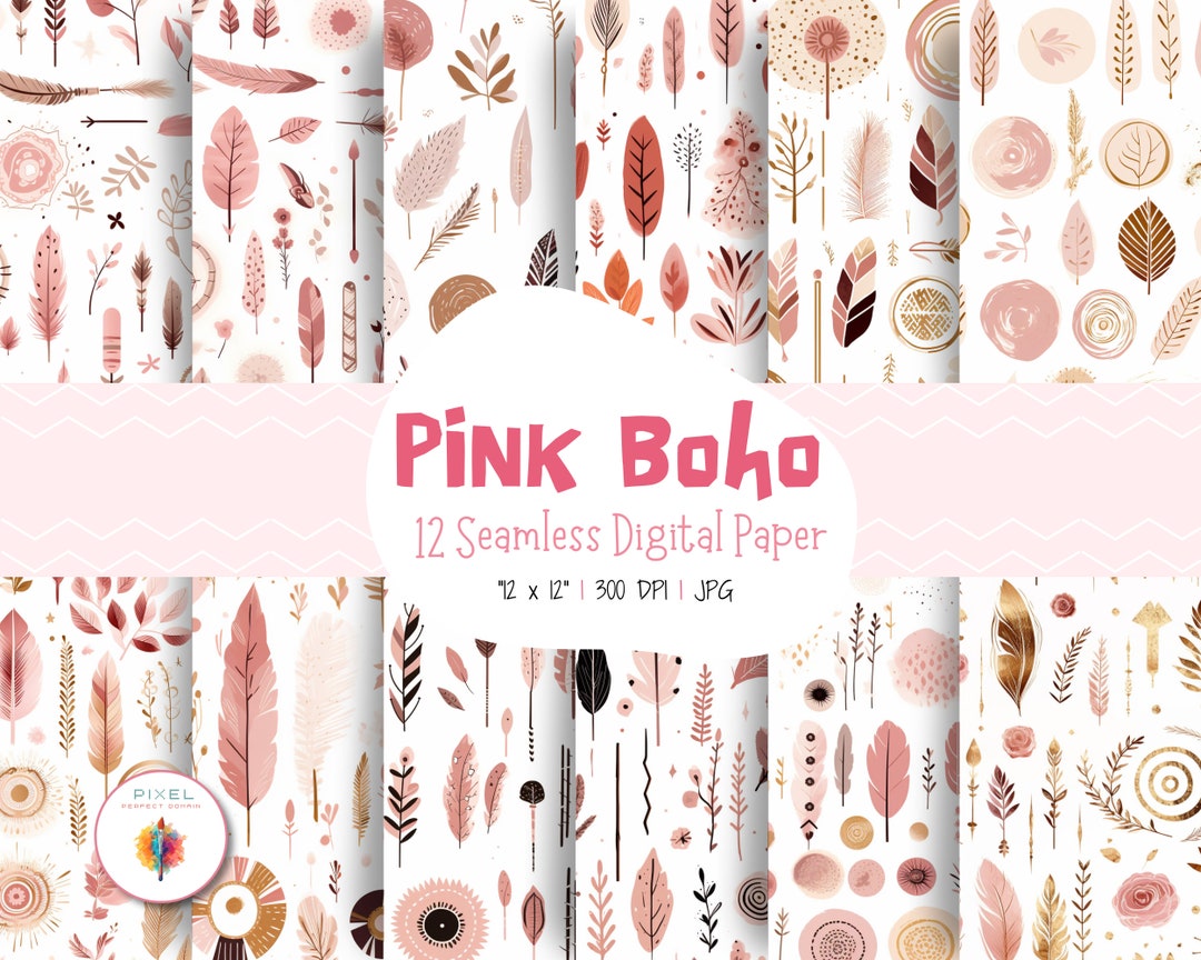12 Pink Boho Digital Papers, Seamless Pattens, Boho Scrapbook Paper ...