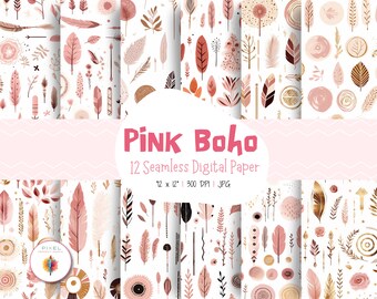 12 Boho Flowers Digital Papers, Seamless Pattens, Boho Scrapbook Paper ...