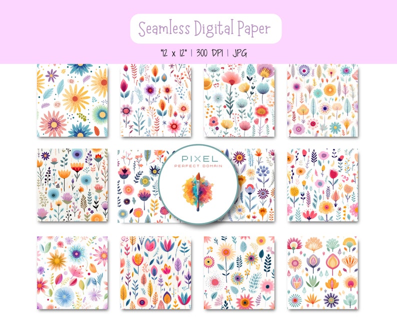 12 Boho Flowers Digital Papers, Seamless Pattens, Boho Scrapbook Paper ...