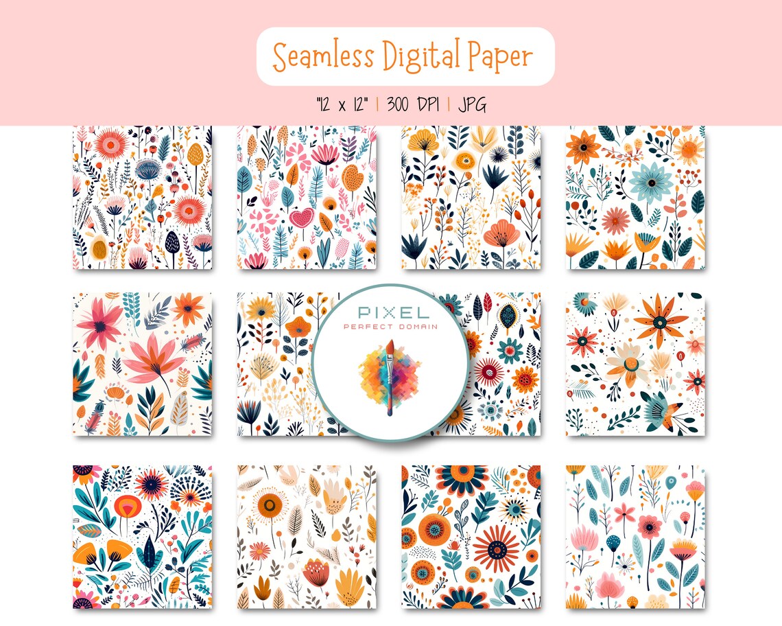 12 Boho Flowers Digital Papers, Seamless Pattens, Boho Scrapbook Paper ...