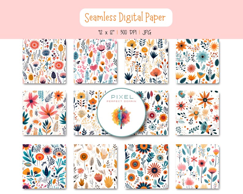 12 Boho Flowers Digital Papers, Seamless Pattens, Boho Scrapbook Paper ...
