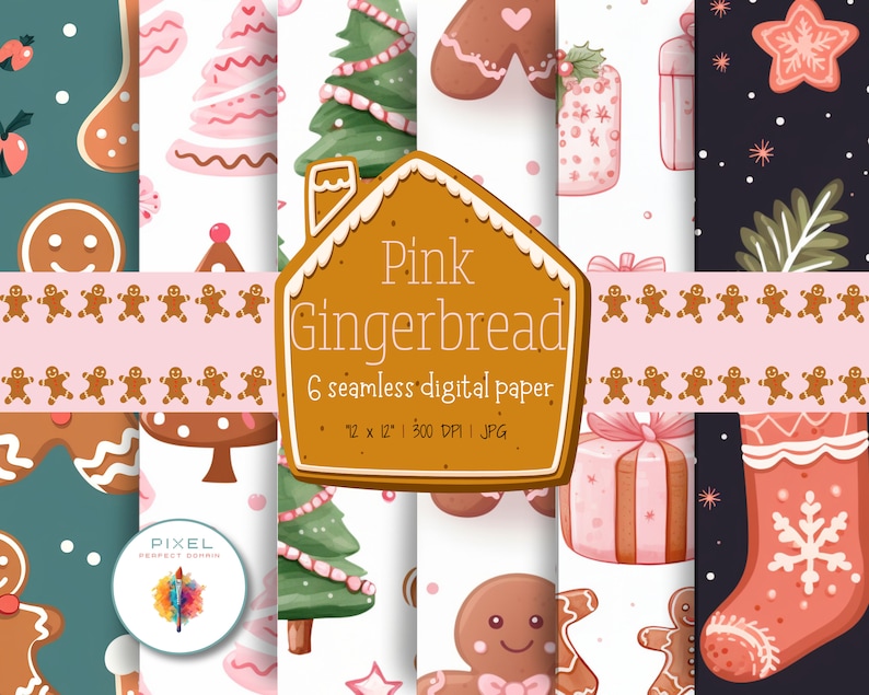 6 Pink Gingerbread Digital Papers, Christmas Seamless Pattens ...