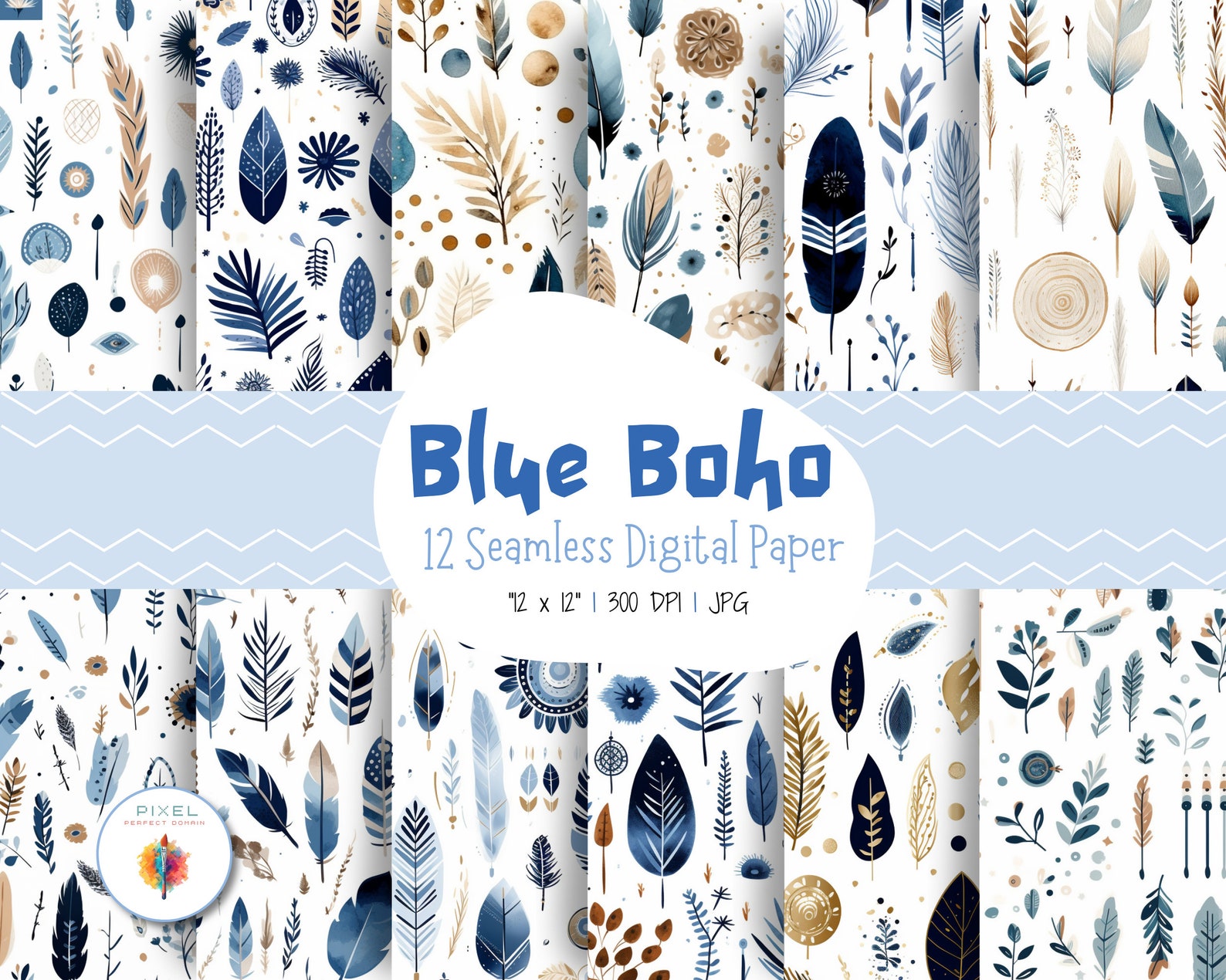 12 Blue Boho Digital Papers, Seamless Pattens, Boho Scrapbook Paper ...