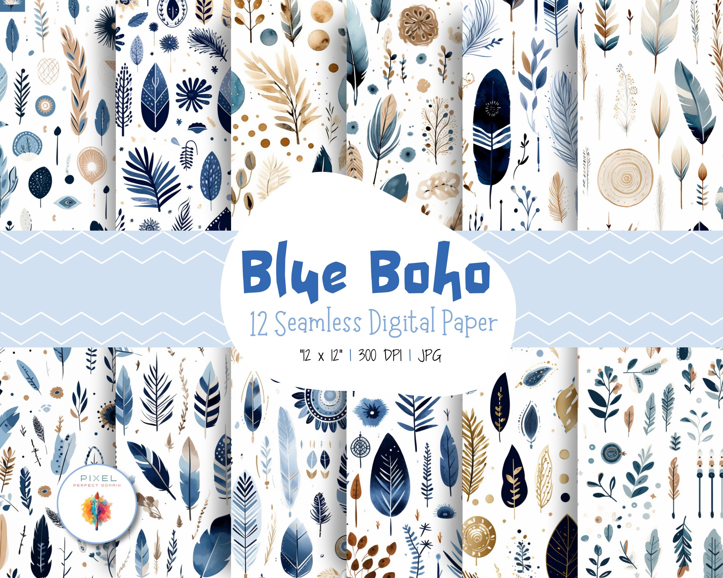 12 Blue Boho Digital Papers, Seamless Pattens, Boho Scrapbook Paper ...