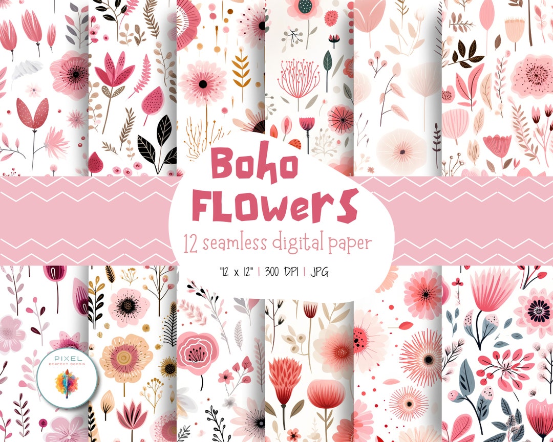 12 Pink Boho Flowers Digital Papers, Seamless Pattens, Boho Scrapbook ...