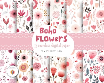 12 Boho Flowers Digital Papers, Seamless Pattens, Boho Scrapbook Paper ...