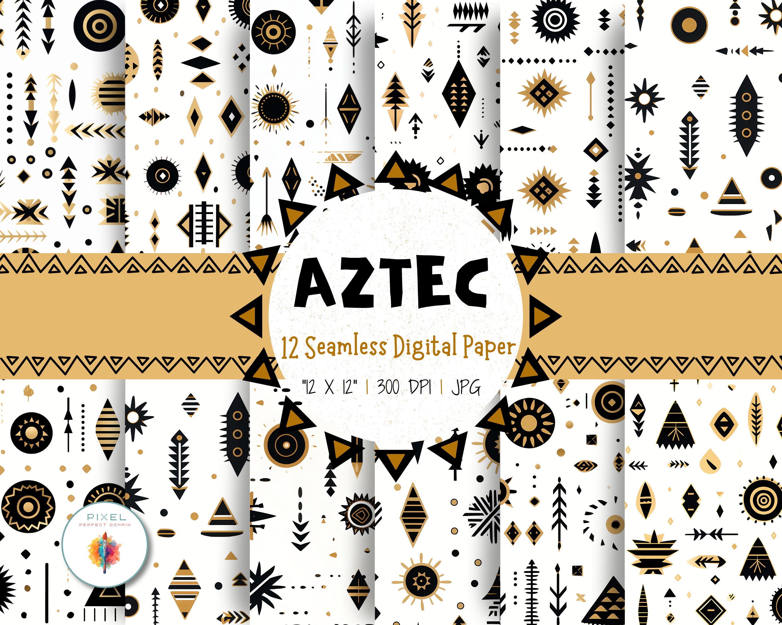 12 Aztec Digital Papers, Black and Gold Seamless Pattern, Aztec ...