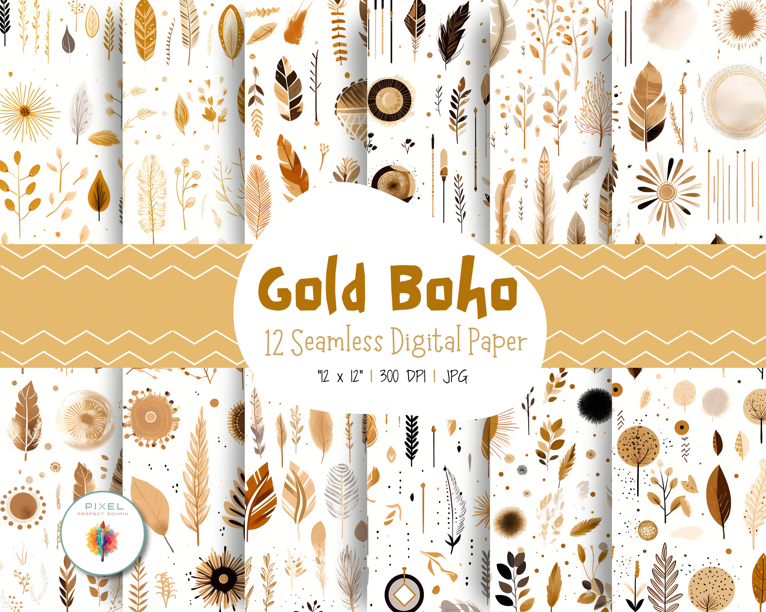 12 Gold Boho Digital Papers, Seamless Pattens, Boho Scrapbook Paper ...
