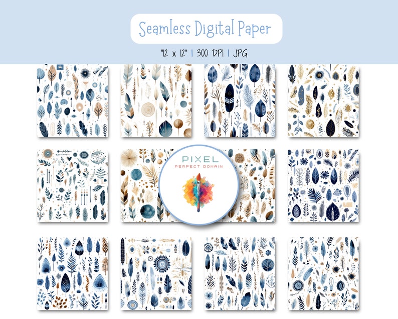 12 Blue Boho Digital Papers, Seamless Pattens, Boho Scrapbook Paper ...