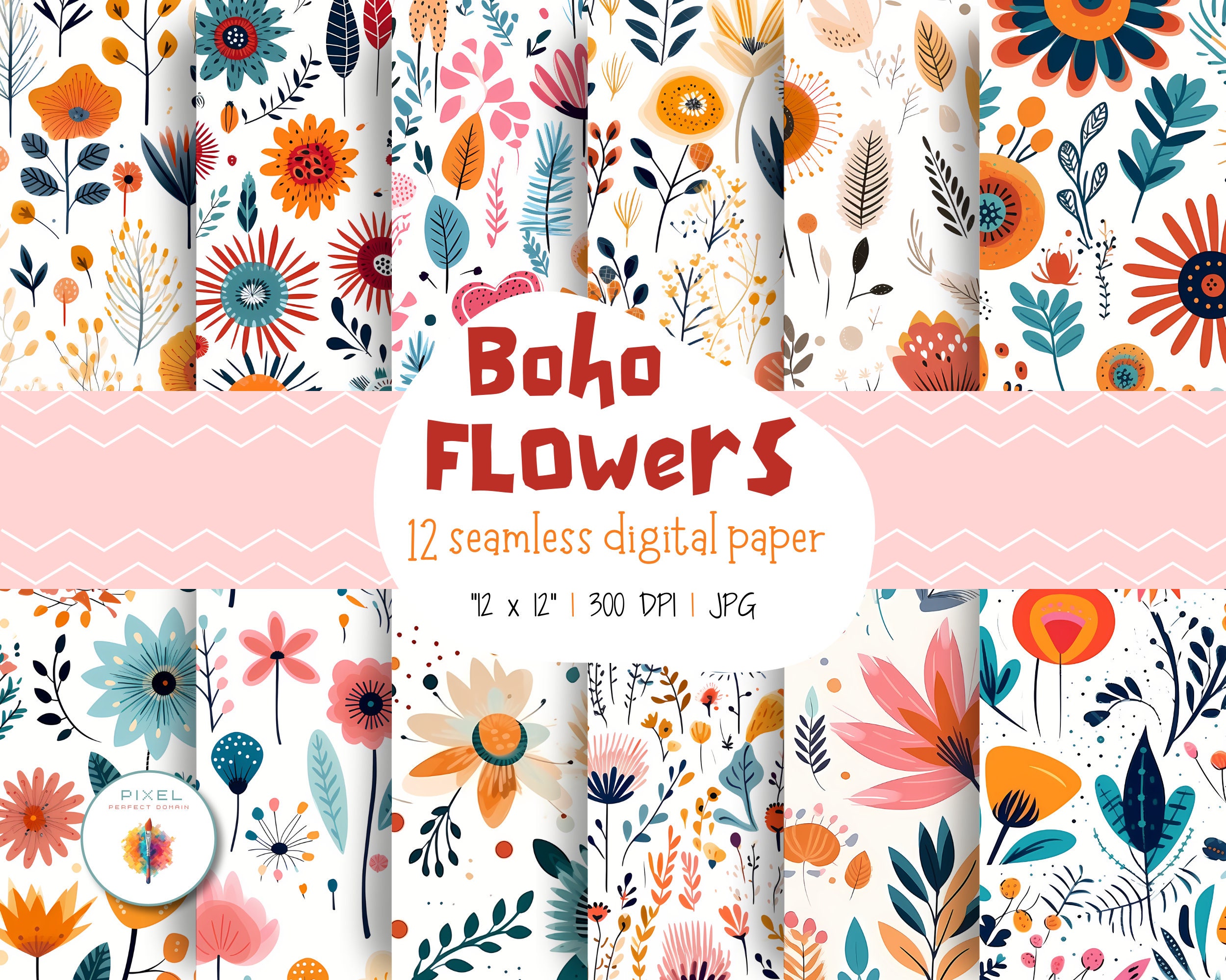 12 Boho Flowers Digital Papers, Seamless Pattens, Boho Scrapbook Paper ...