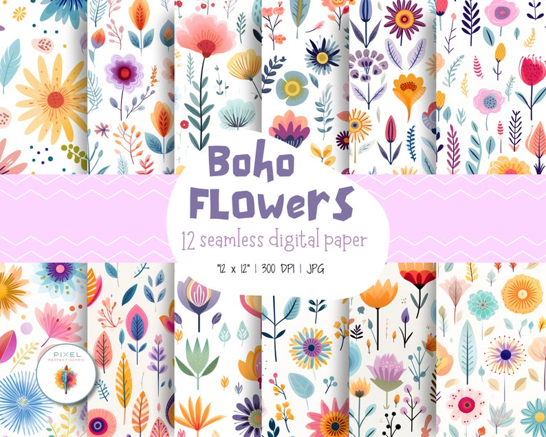 12 Boho Flowers Digital Papers, Seamless Pattens, Boho Scrapbook Paper ...