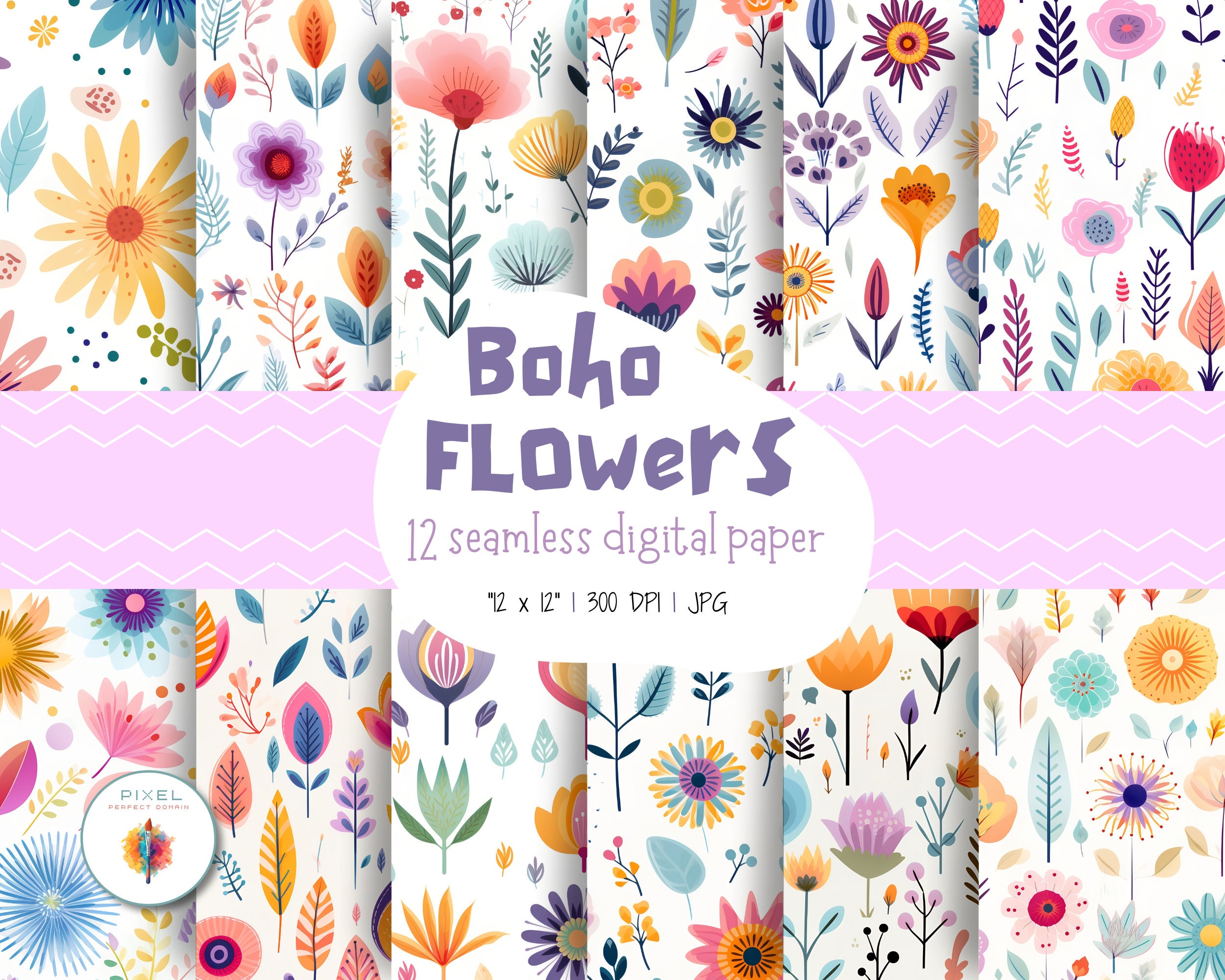 12 Boho Flowers Digital Papers, Seamless Pattens, Boho Scrapbook Paper ...