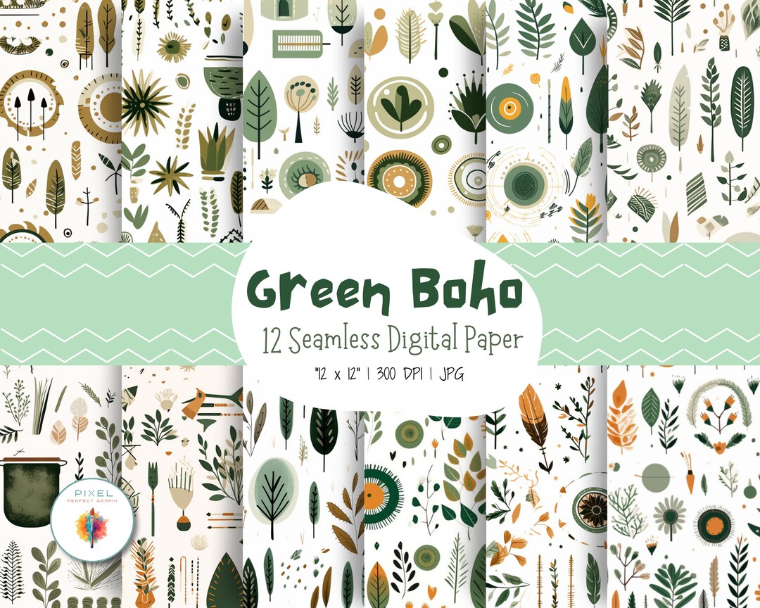 12 Green Boho Digital Papers, Seamless Pattens, Boho Scrapbook Paper ...