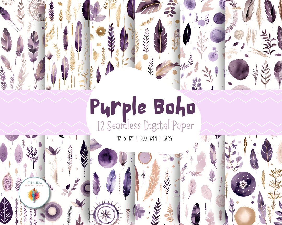 12 Purple Boho Digital Papers, Seamless Pattens, Boho Scrapbook Paper ...