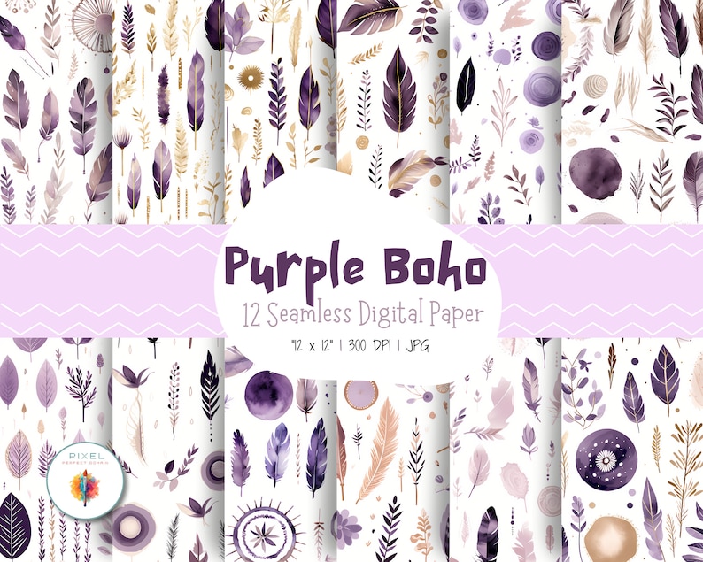 12 Purple Boho Digital Papers, Seamless Pattens, Boho Scrapbook Paper ...
