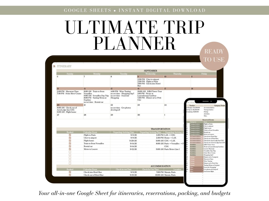 Ultimate Trip Planner With Dashboard Sage | Google Sheets Tracker ...