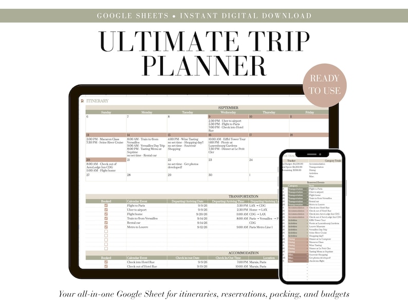 Ultimate Trip Planner With Dashboard Sage | Google Sheets Tracker ...