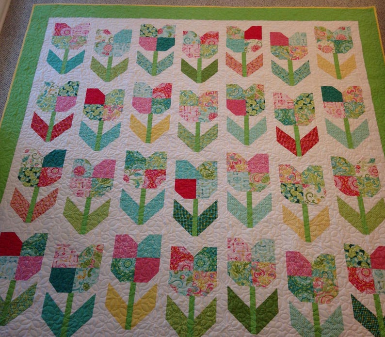 Finished Lovely Spring Tulips Quilt- Floral, Yellow, Green, Pink - Etsy