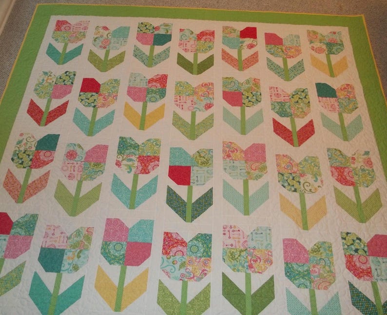 Finished Lovely Spring Tulips Quilt- Floral, Yellow, Green, Pink - Etsy