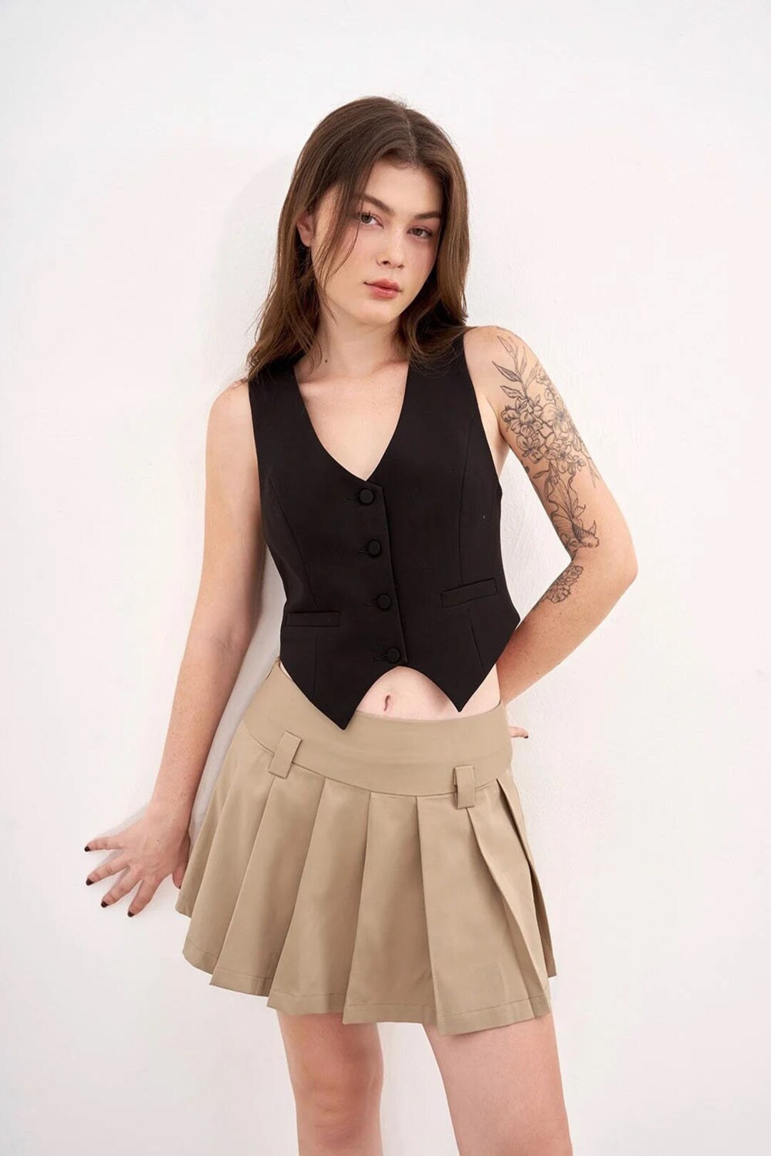 Pleated Mini Skirt Brown S0176 - Etsy