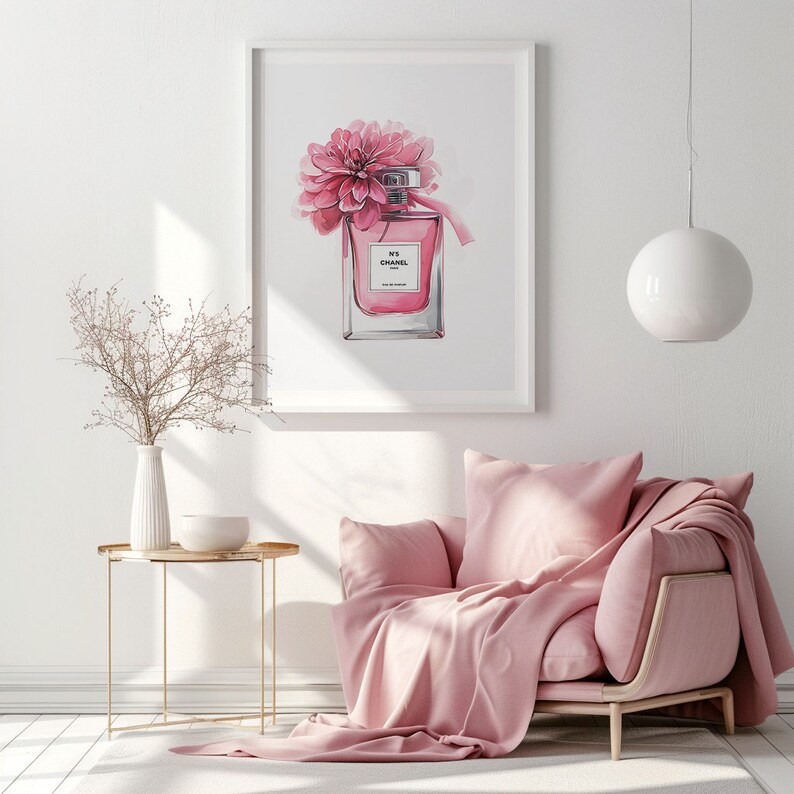Watercolour Pink Perfume Bottle With Floral Accent I Wall Decor I ...