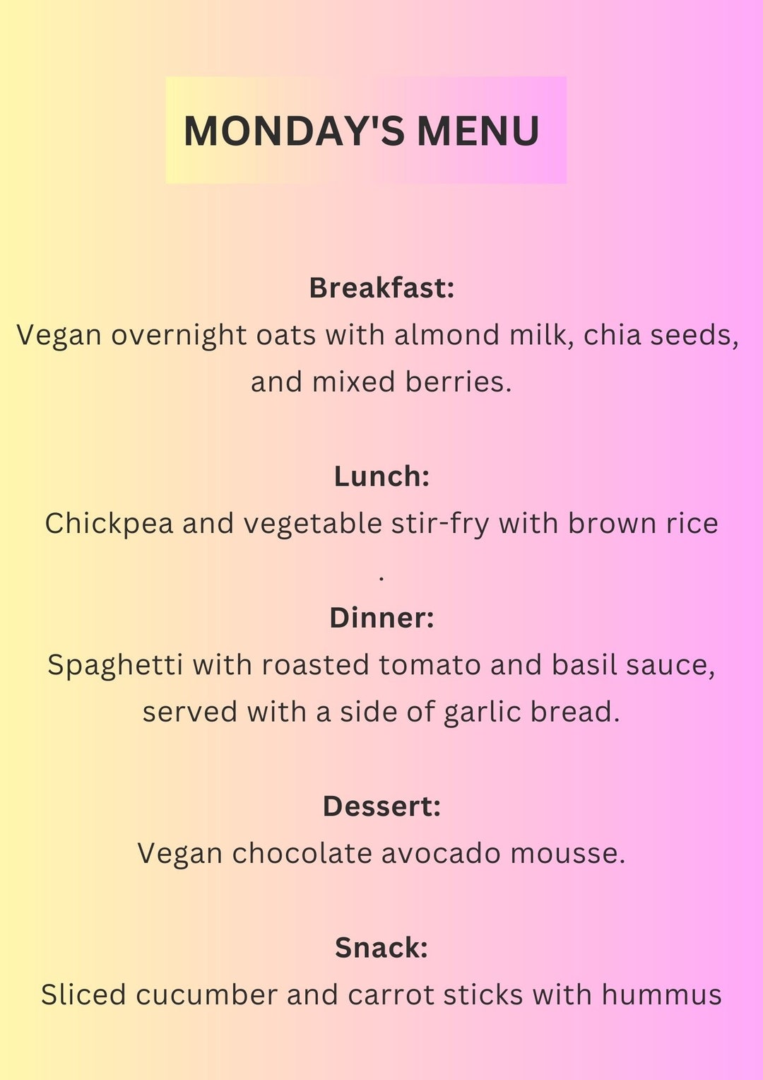 DAILY VEGAN MENUS - Etsy