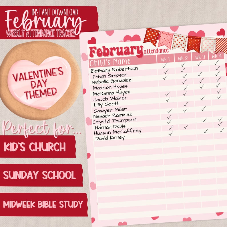 Sunday School Attendance Tracker | February Weekly | Valentine's Day ...