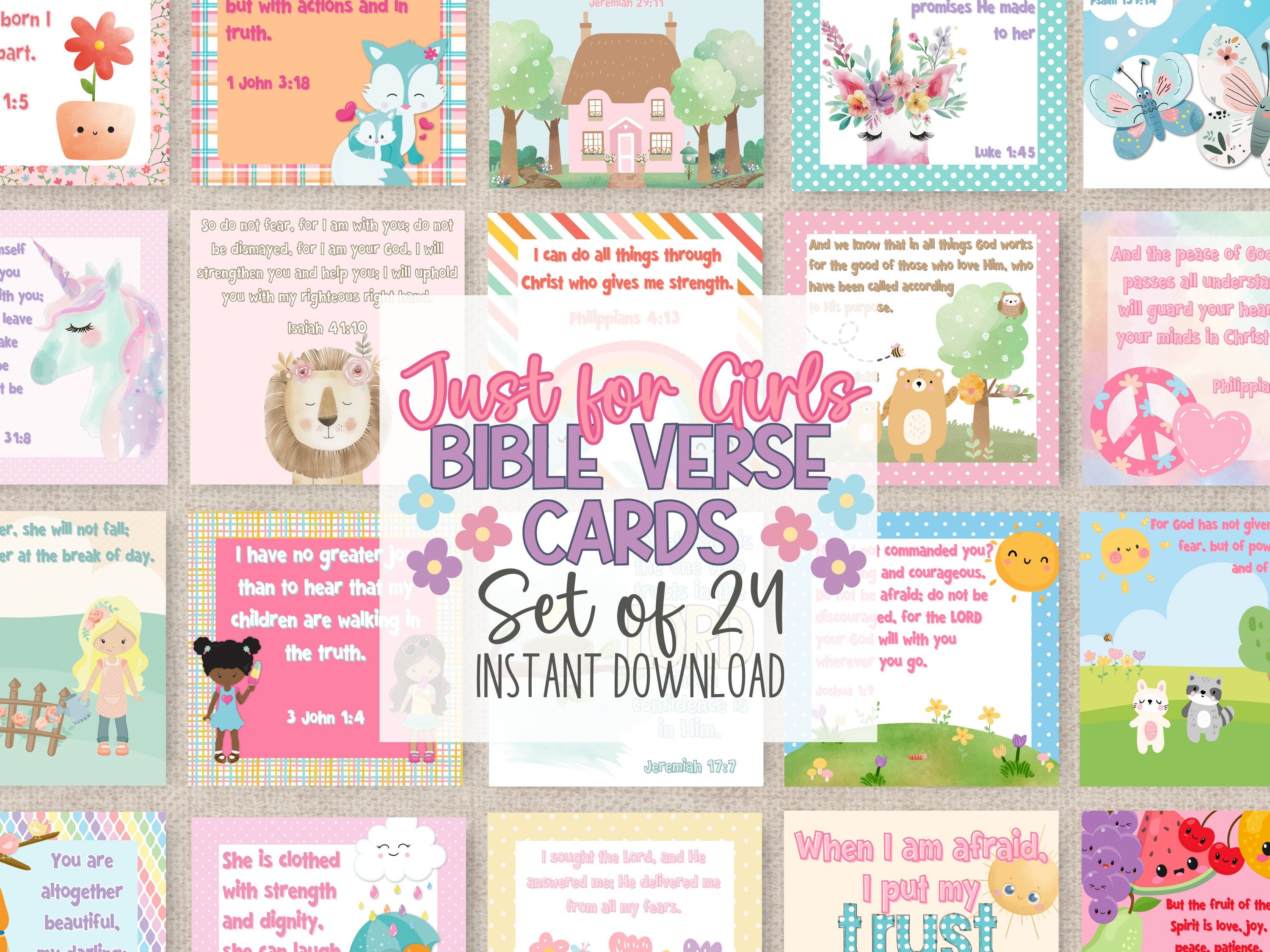 Simple Bible Verses for Kids Just for Girls Bible Verse Cards Girly ...