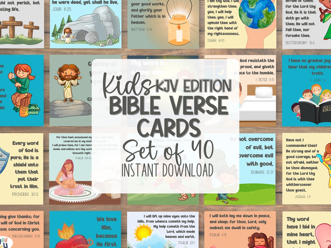 Scripture Cards Kids KJV Set of 40 INSTANT DOWNLOAD 4x4 With Adorable ...