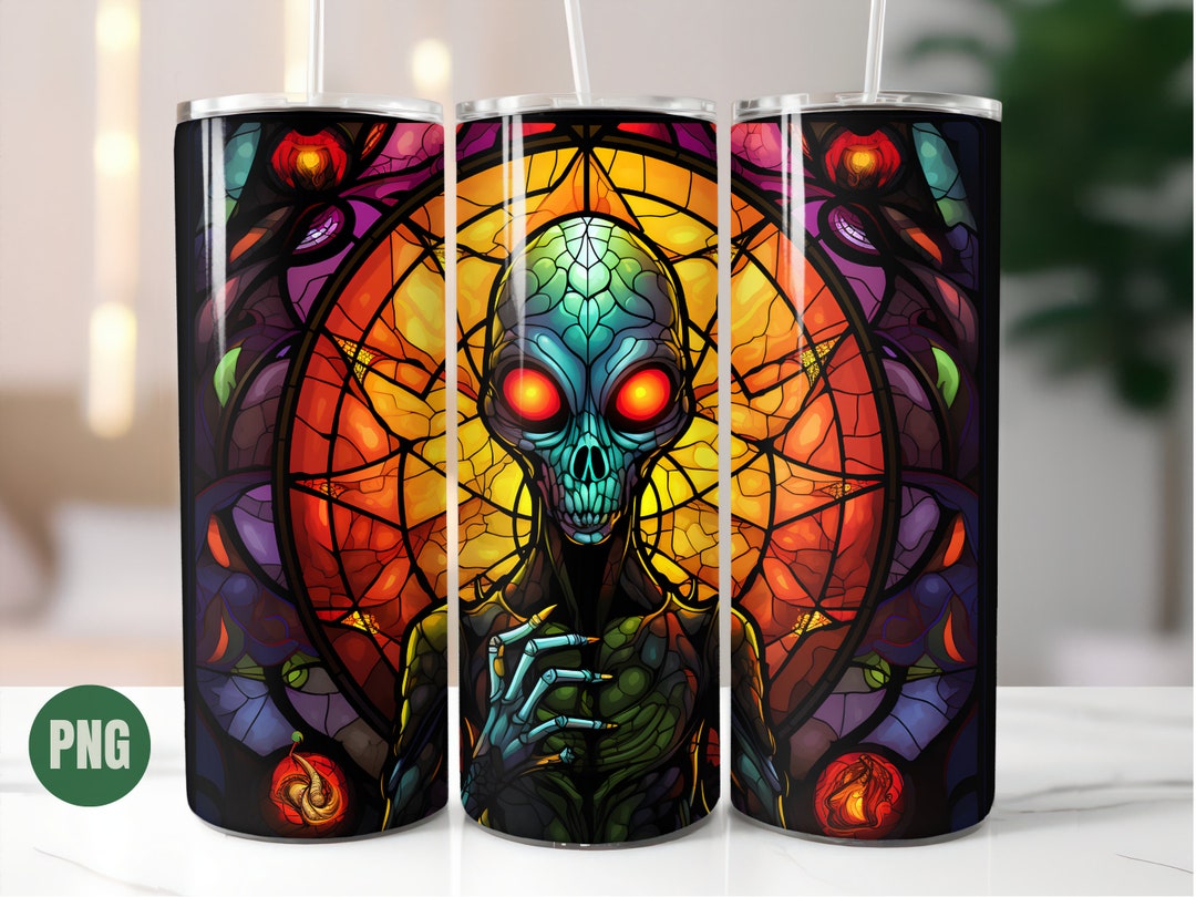 3D Stained Glass Halloween Alien Tumbler Wrap 20oz Straight Skinny ...