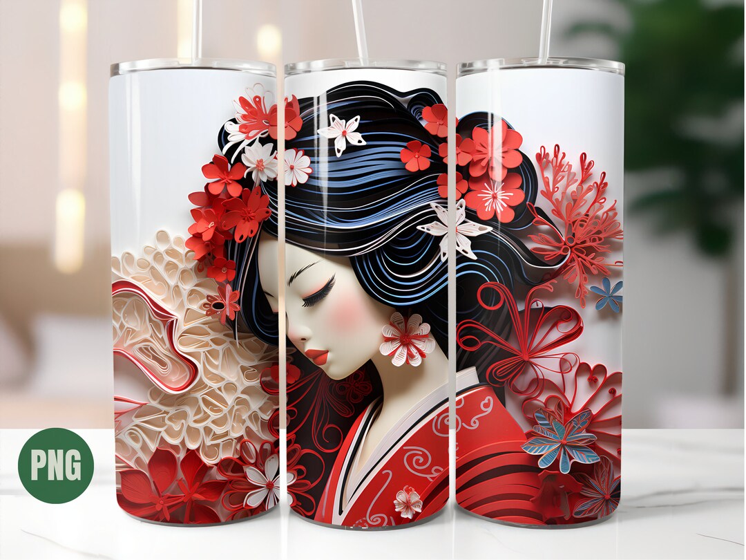 3D Geisha Tumbler Wrap Quilled Paper 20oz Skinny Tumbler Sublimation ...